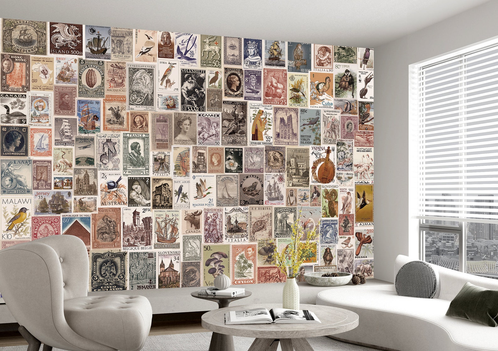 Postage Stamps Wallpaper & Wall Art Mural Vintage Postcards Collage ...
