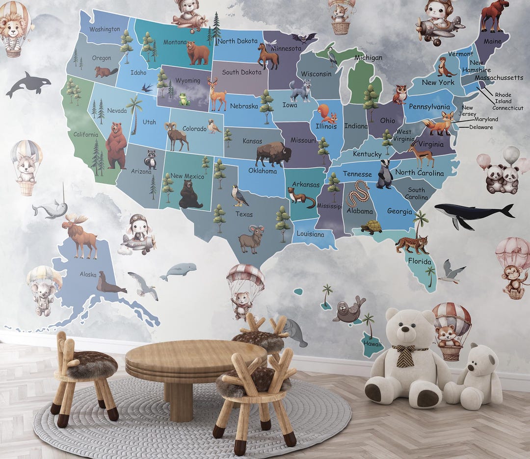 United State Nursery Map Mural Wallpaper Kids Room Map Wall Mural Peel ...