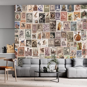 Postage Stamps Wallpaper & Wall Art Mural Vintage Postcards Collage ...