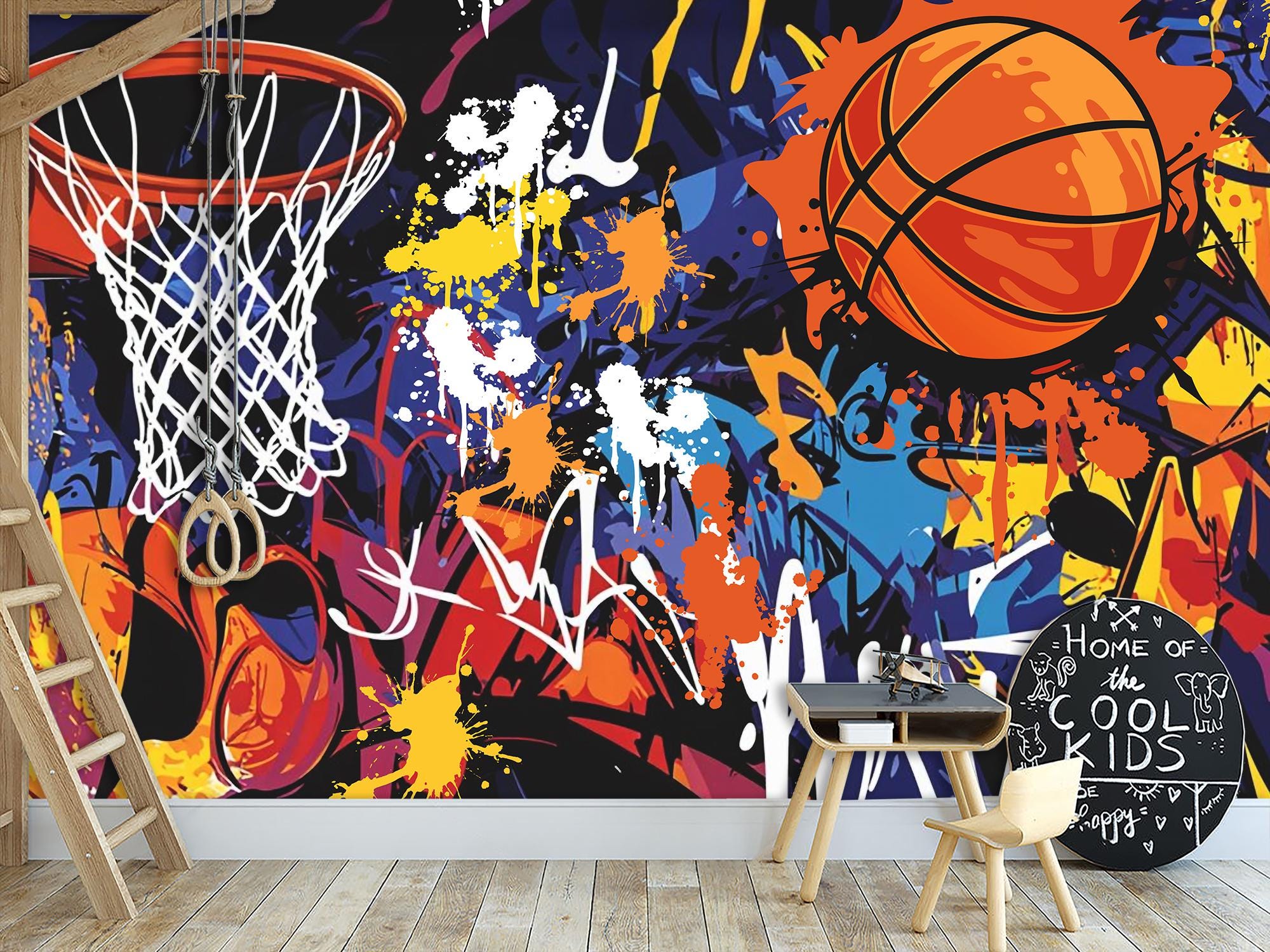 Basketball Wall Background Mural Kids Neutral Basketball Wallpaper ...