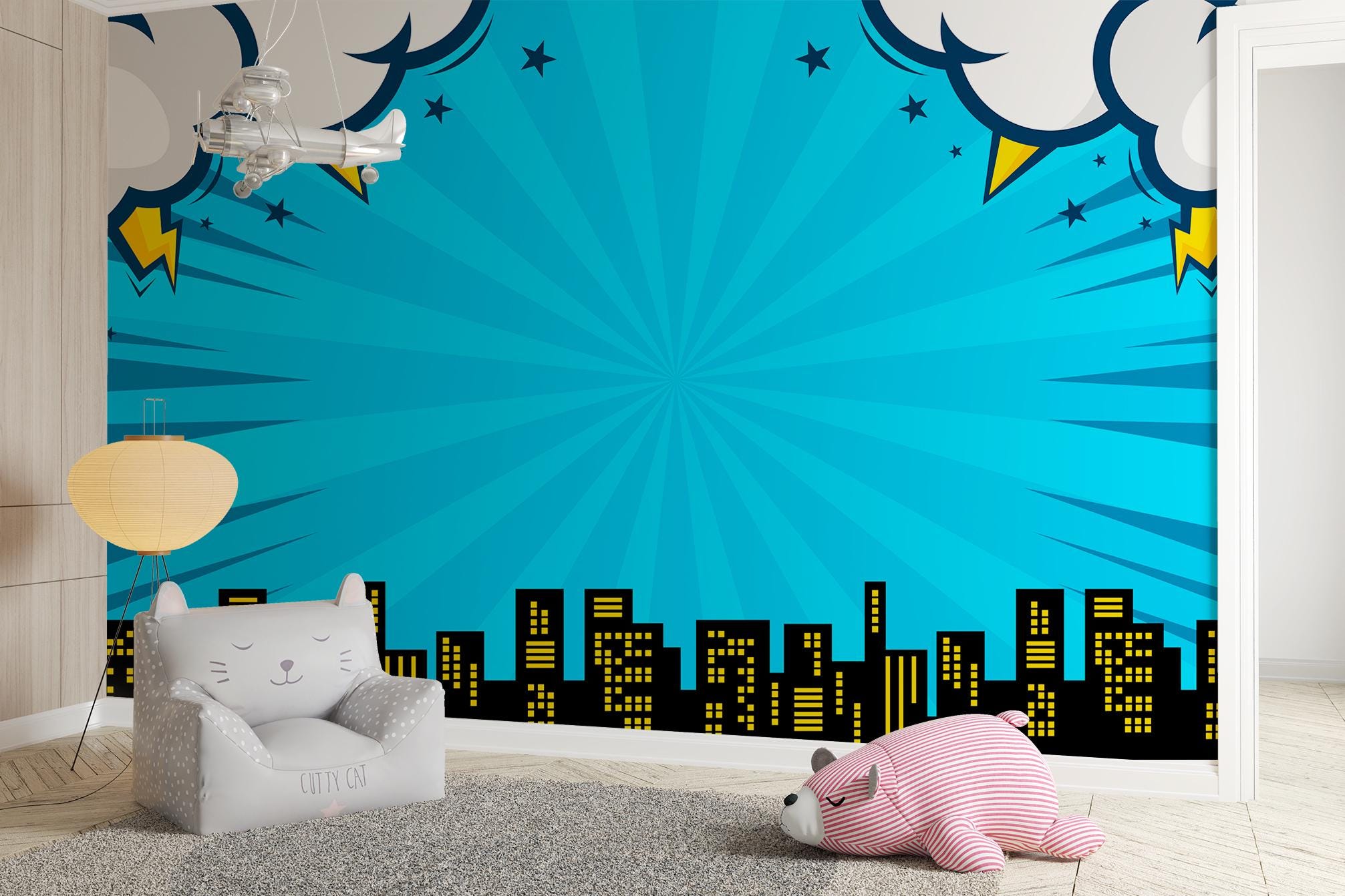 Comic City Wall Mural Superhero Skyline Kids Wallpaper Boys Room Peel ...