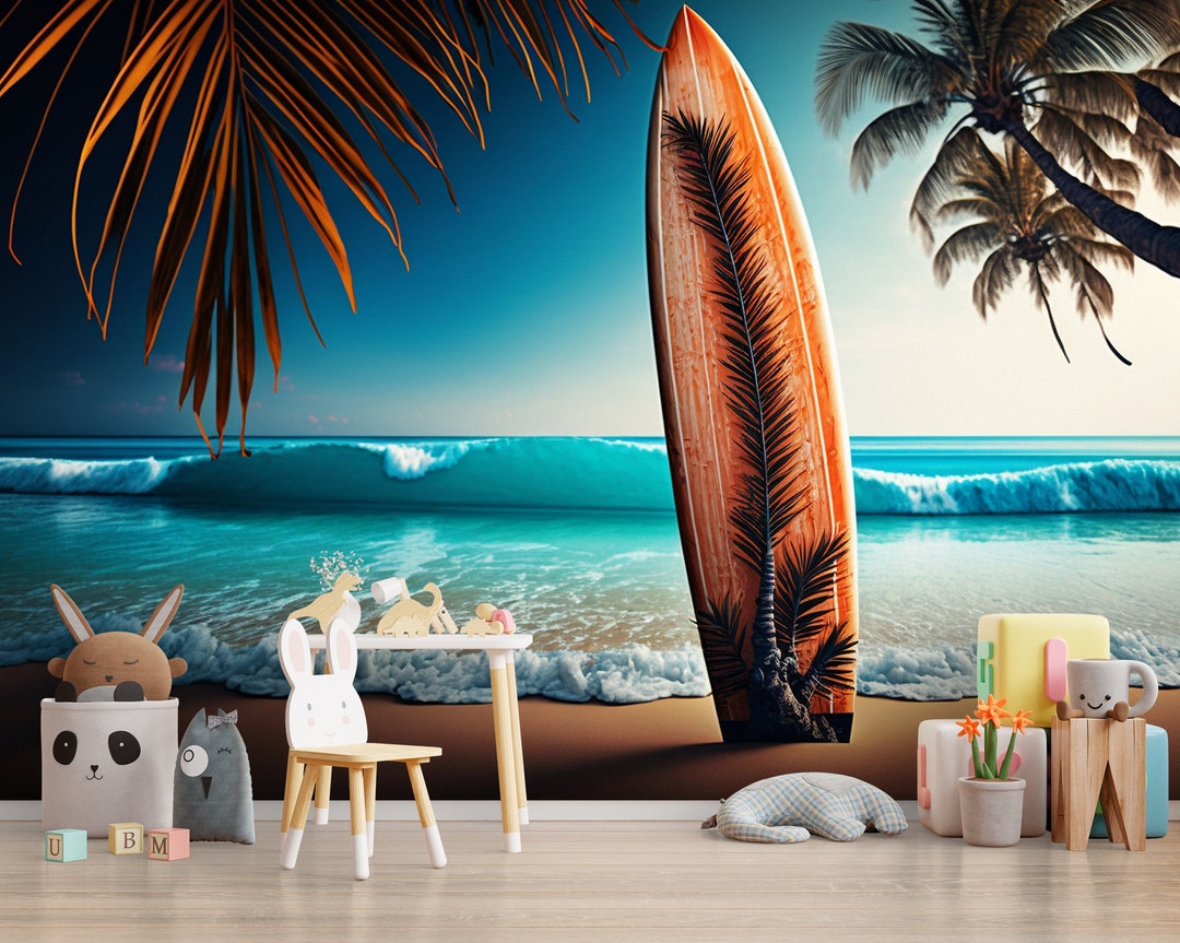 Beach Wallpaper & Surfboard Palm Tree Ocean Beach Bathroom Wall Mural ...
