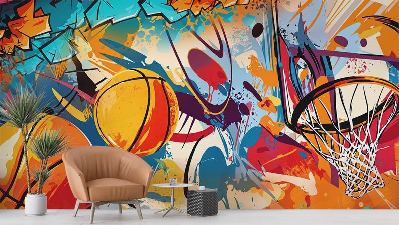 Neutral Basketball Wall Mural Basketball Background Kids Playroom ...
