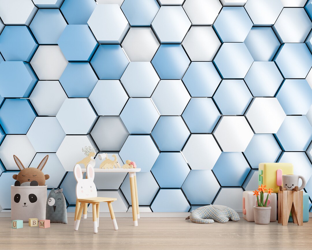 Hexagon White & Blue Cubes Wall Art Mural Wallpaper Geometric Hexagonal ...
