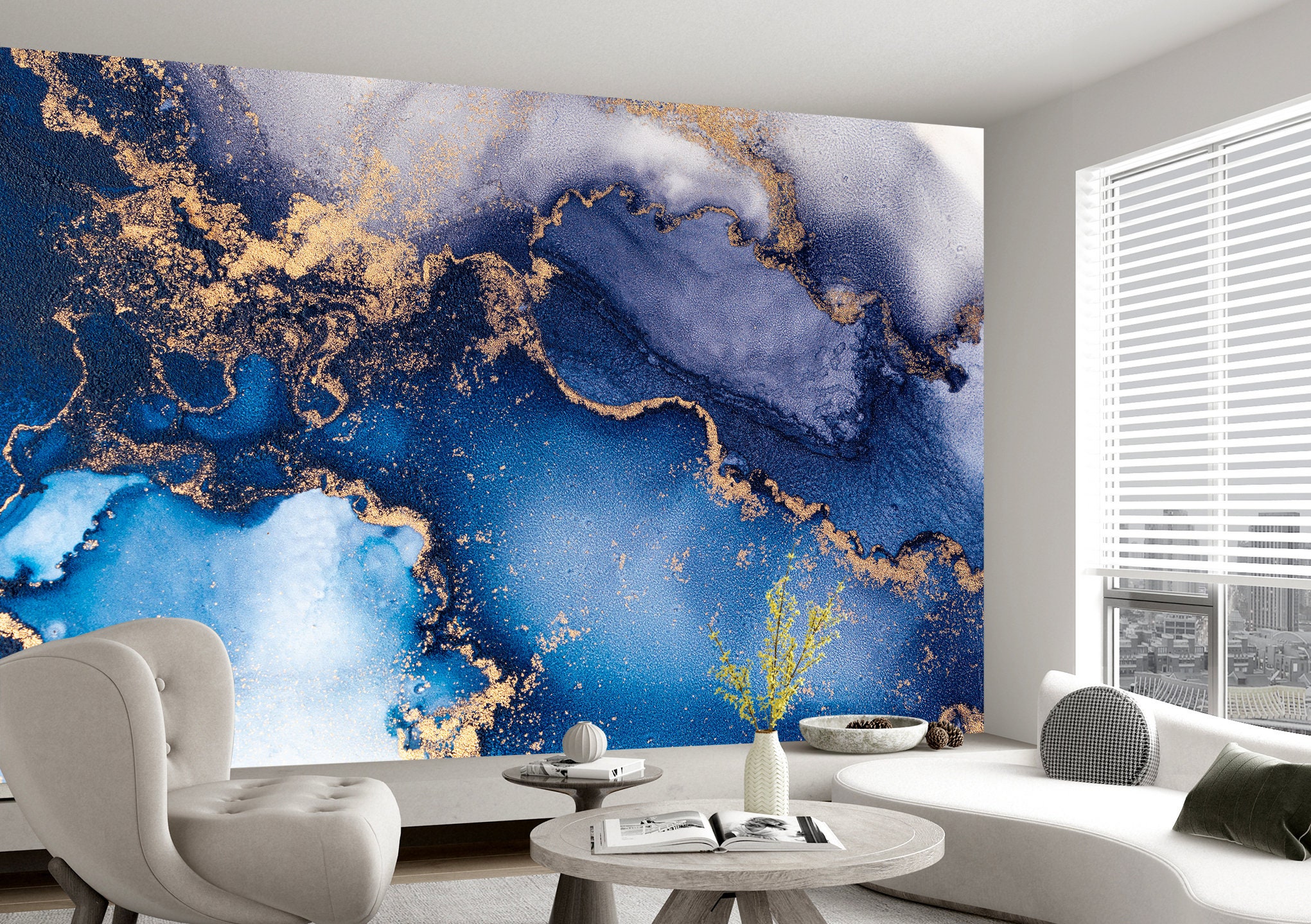 Blue Marble Wallpaper Abstract Wall Art Blue & Gold Mural - Etsy