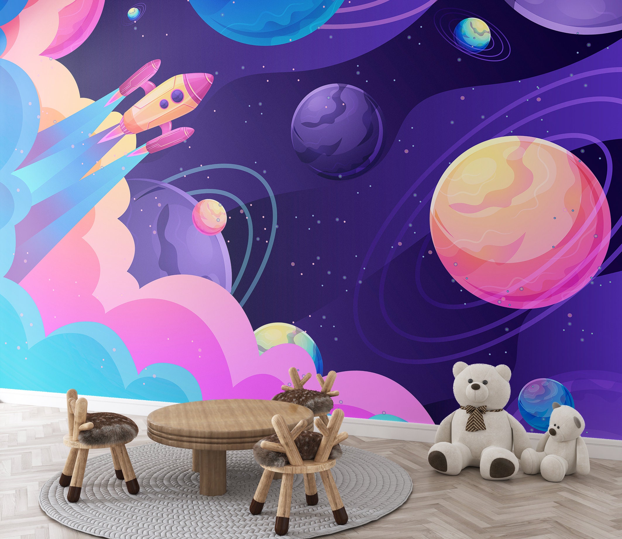 Astronaut Space Shuttle Kids Wall Art Mural & Wallpaper Nebula Space ...