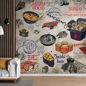 Sushi Wallpaper Mural Japanese Food Wallpaper Kitchen Custom Wall Mural ...
