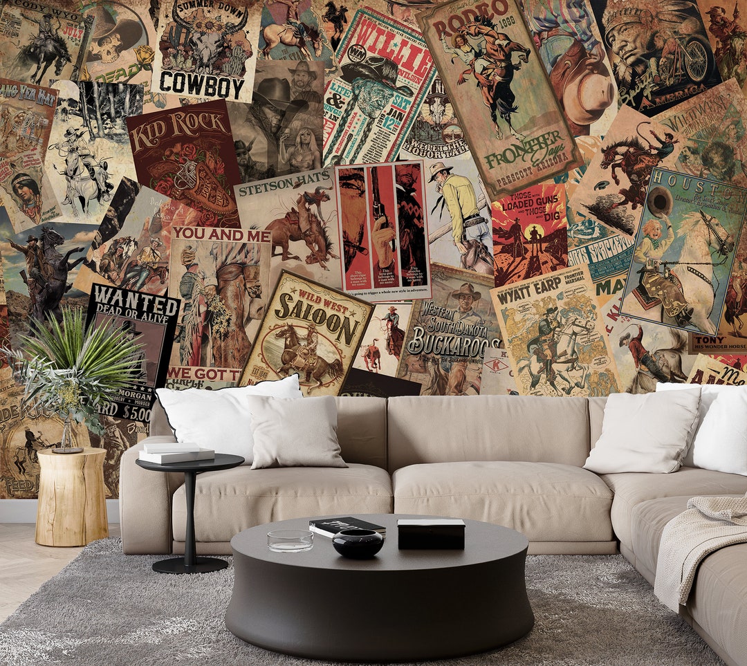 Western Vintage Collage Wallpaper & Retro Comics Style Posters Cowboy ...