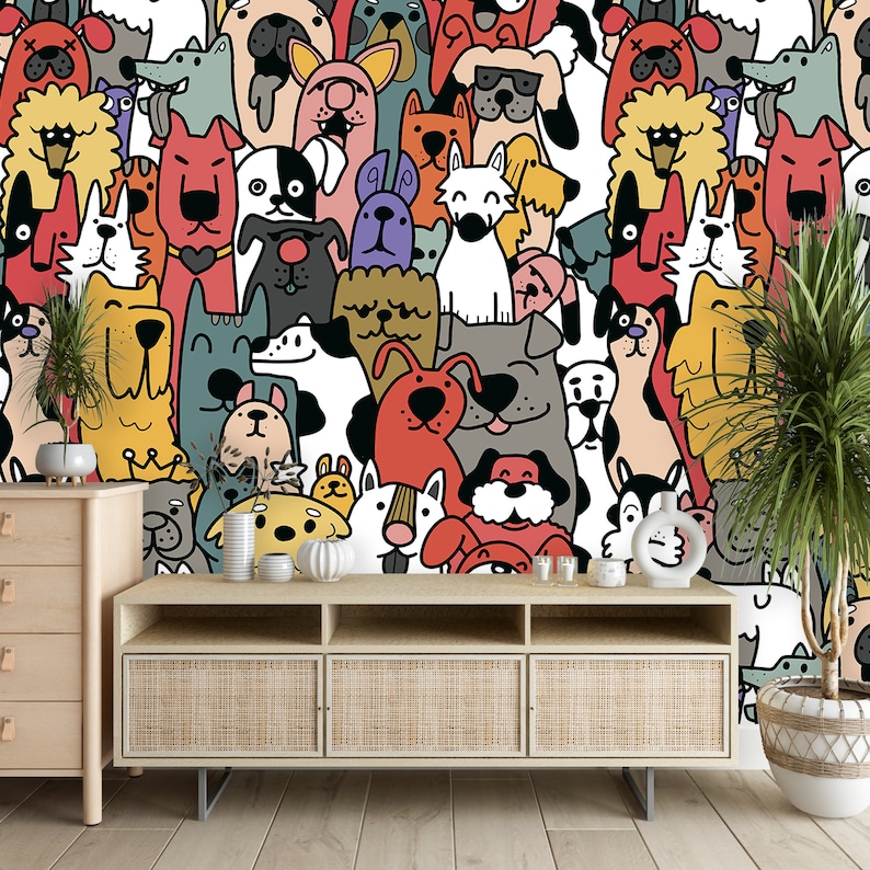 Dog Colorful Pattern Wallpaper & Wall Mural Pets Nursery Kids Dogs Wall ...