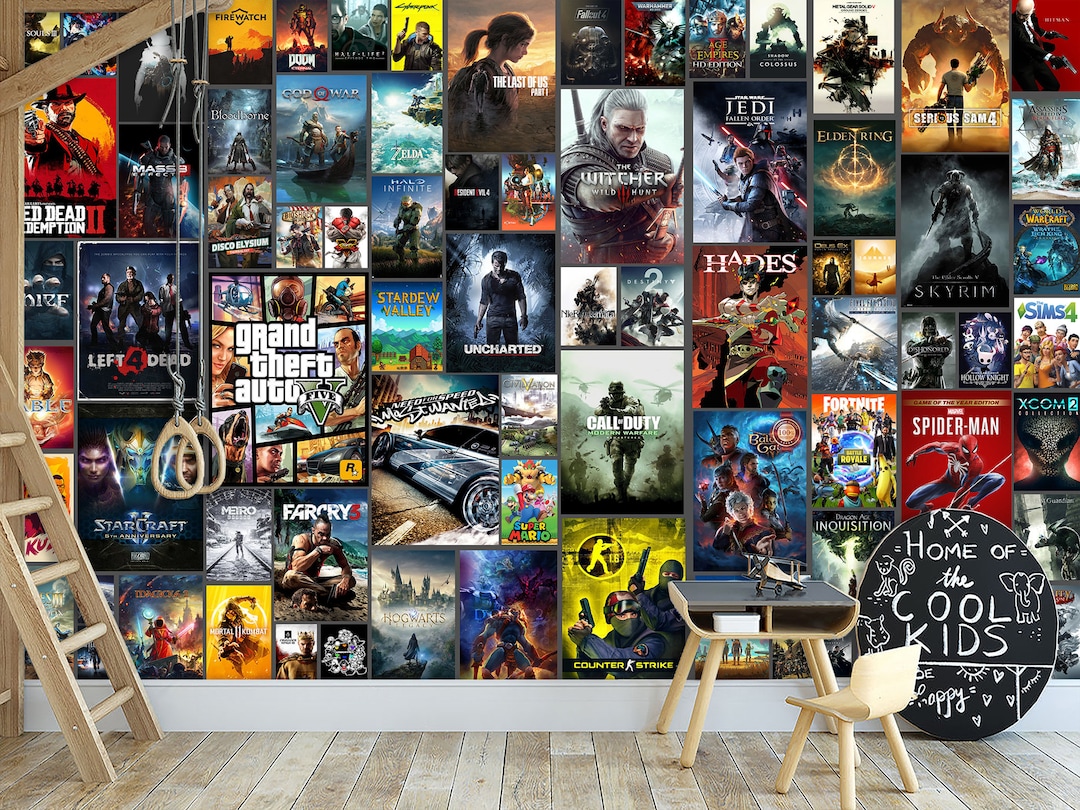 Famous Games Posters Collage Wallpaper Modern & Video Game Wall Art ...