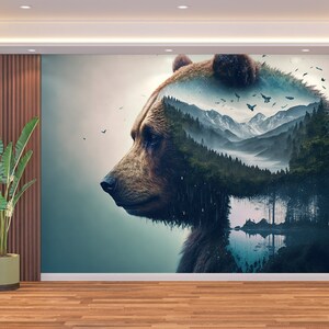 Bear Forest Wall Art Mural & Wallpaper Foggy Forest Snowfield Grizzly ...