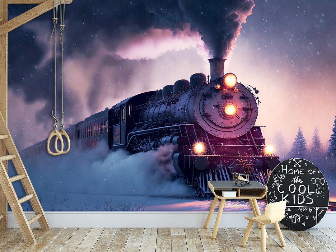 Locomotive Through Snow Night Sky Train Wall Art Mural Steam Engine ...