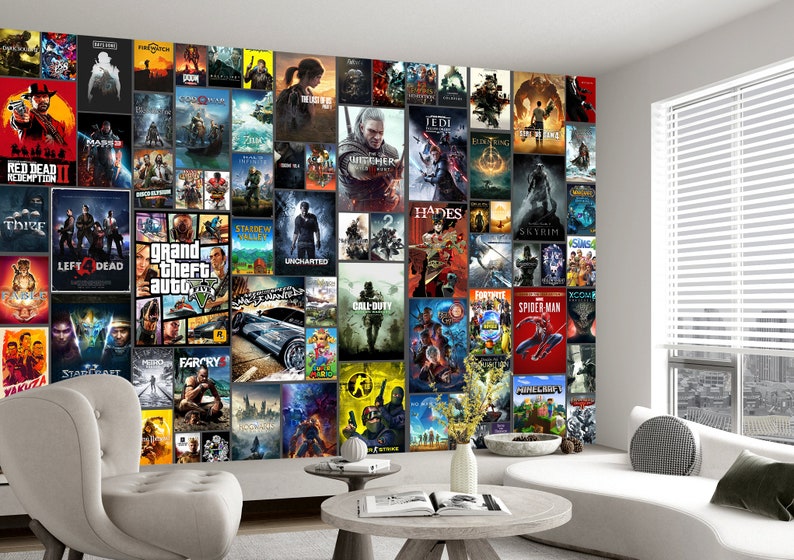 Famous Games Posters Collage Wallpaper Modern & Video Game Wall Art ...