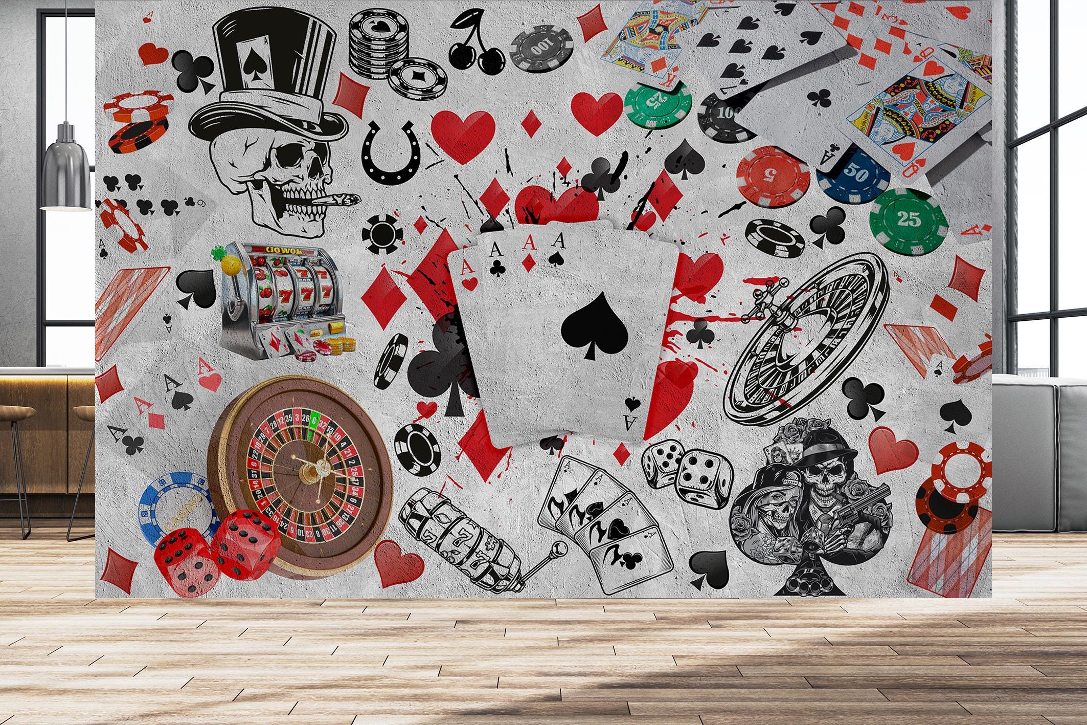 Poker & Casino Wallpaper Wall Mural Bar Style Wallpaper With Cards ...