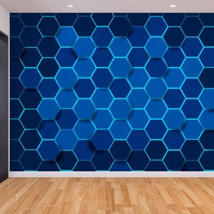 Geometric Hi-tech Hexagonal & Cubes Blue Wall Art Mural Abstract ...