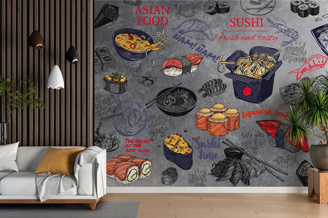 Customizable Design Wallpaper Sushi Gray Background Japanese Food Wall ...