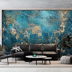 Blue Rust Metal Wallpaper Wall Art Mural Abstract Grunge Concrete Room ...