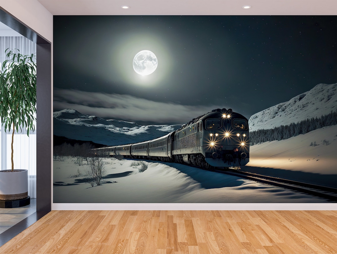 Moonlit Night Train Wall Art Mural Steam Engine & Wallpaper Night Sky ...