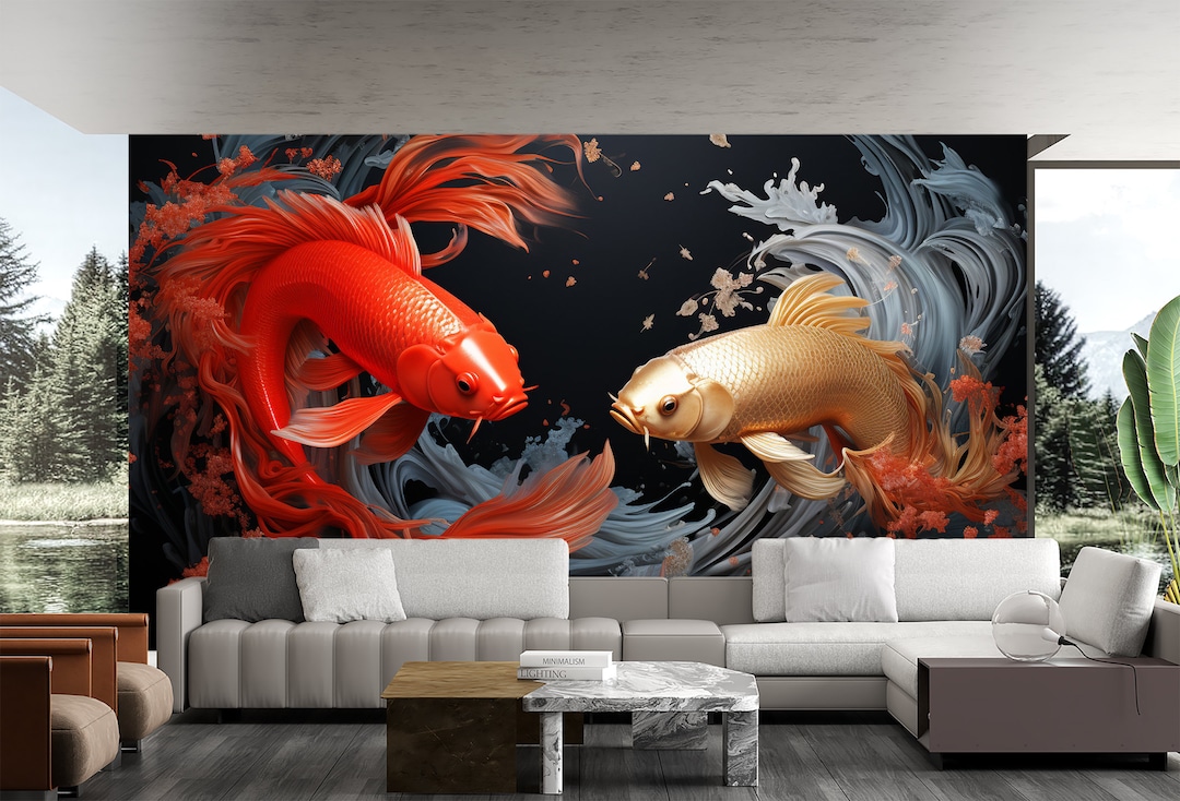 Koi Fish Wallpape Art Mural Carp Japanese Style Koi Fish Modern Room ...