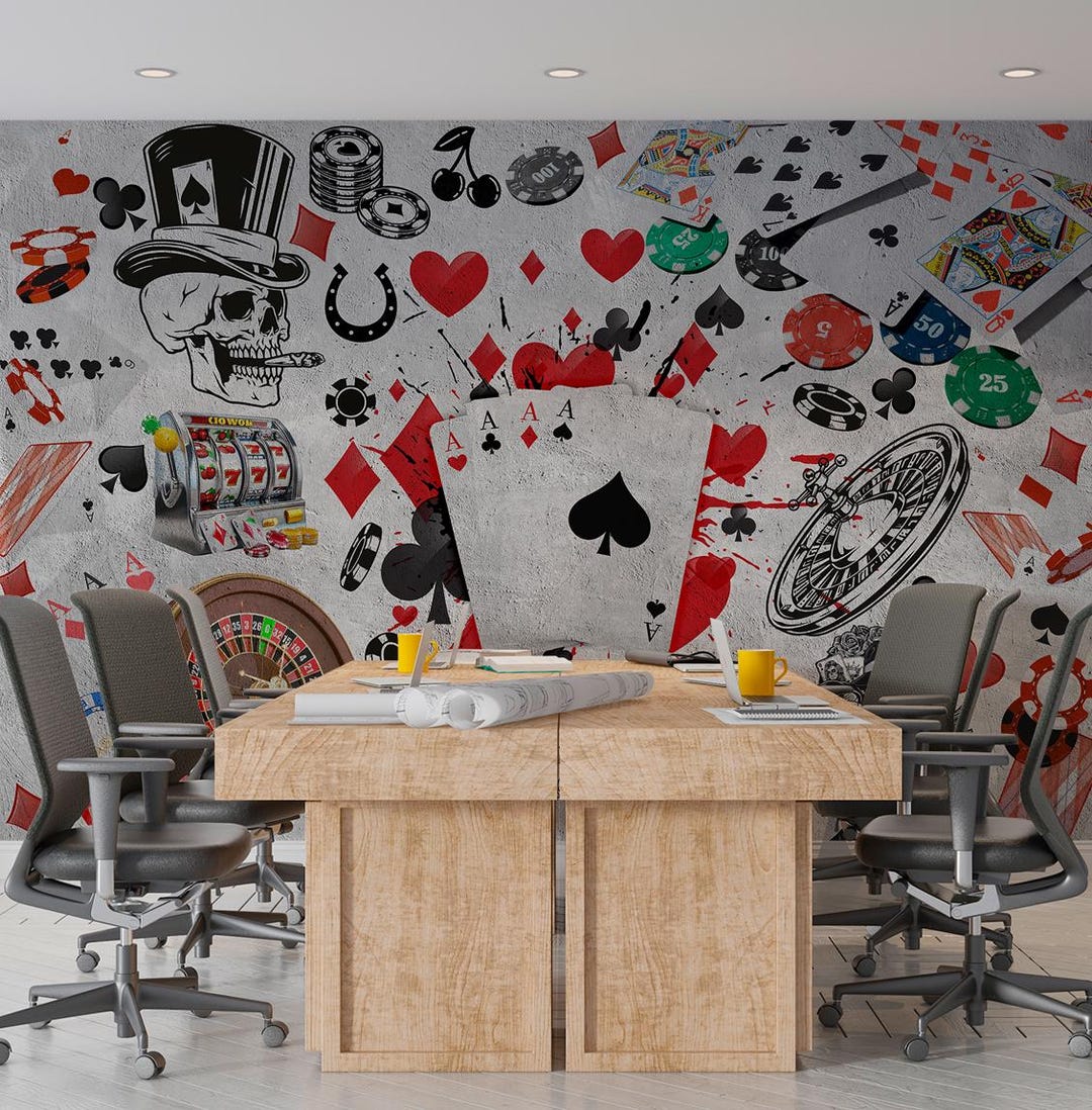 Skull Poker Wall Mural Casino Bar Style Wallpaper With Cards, Dice ...
