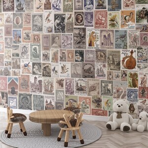 Postage Stamps Wallpaper & Wall Art Mural Vintage Postcards Collage ...