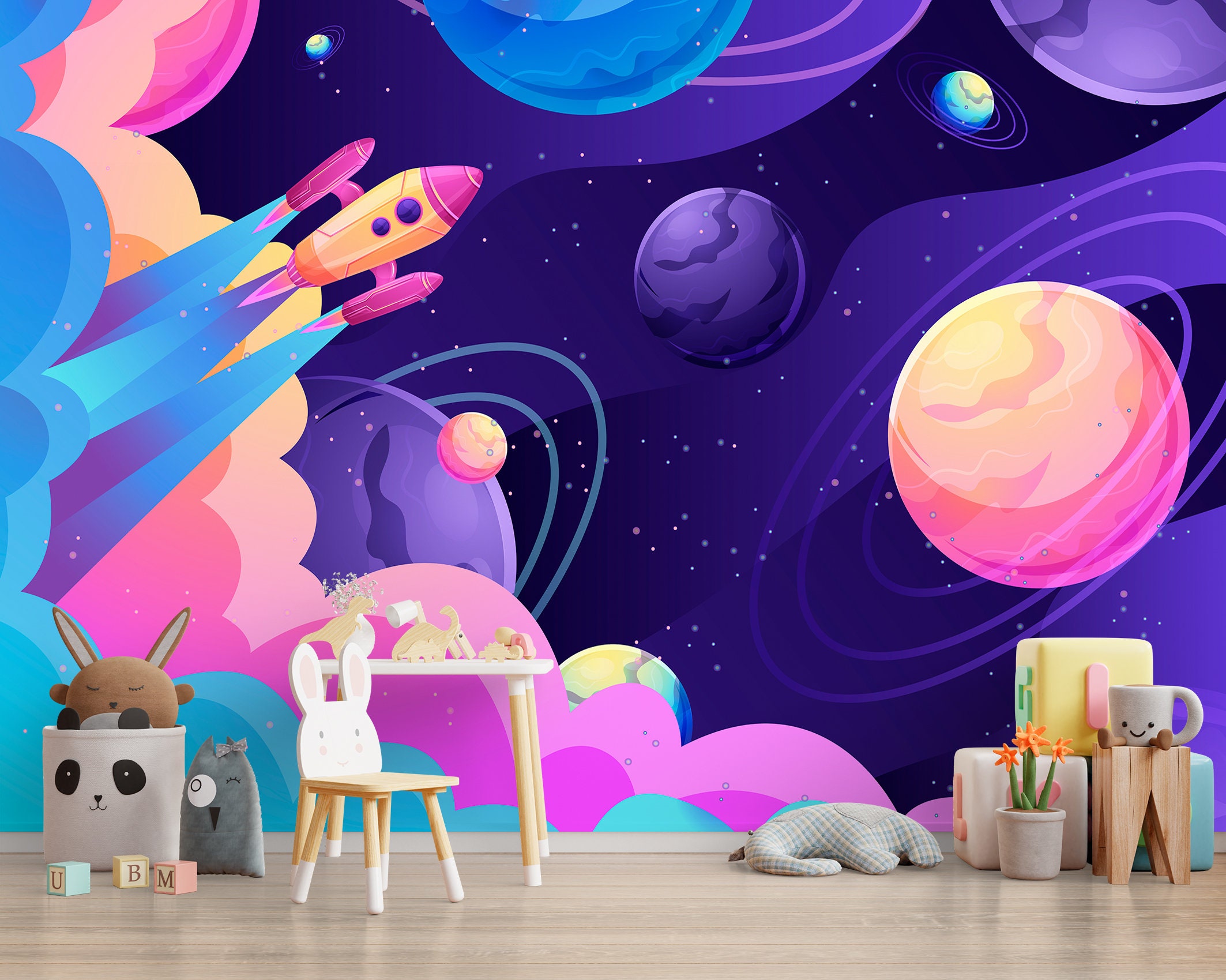 Astronaut Space Shuttle Kids Wall Art Mural & Wallpaper Nebula Space ...