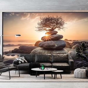 Meditation Tree on Stone Wallpaper & Wall Mural Zen Stones Balanced ...