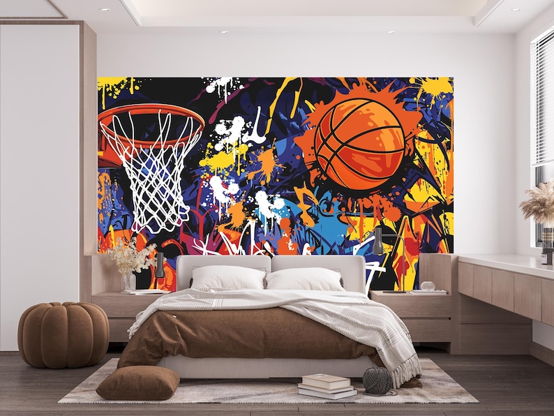Basketball Wall Background Mural Kids Neutral Basketball Wallpaper ...