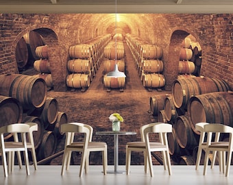 Wine Barrel & Wallpaper Wall Art Mural Wine Cellar Vault Oak Barrel ...