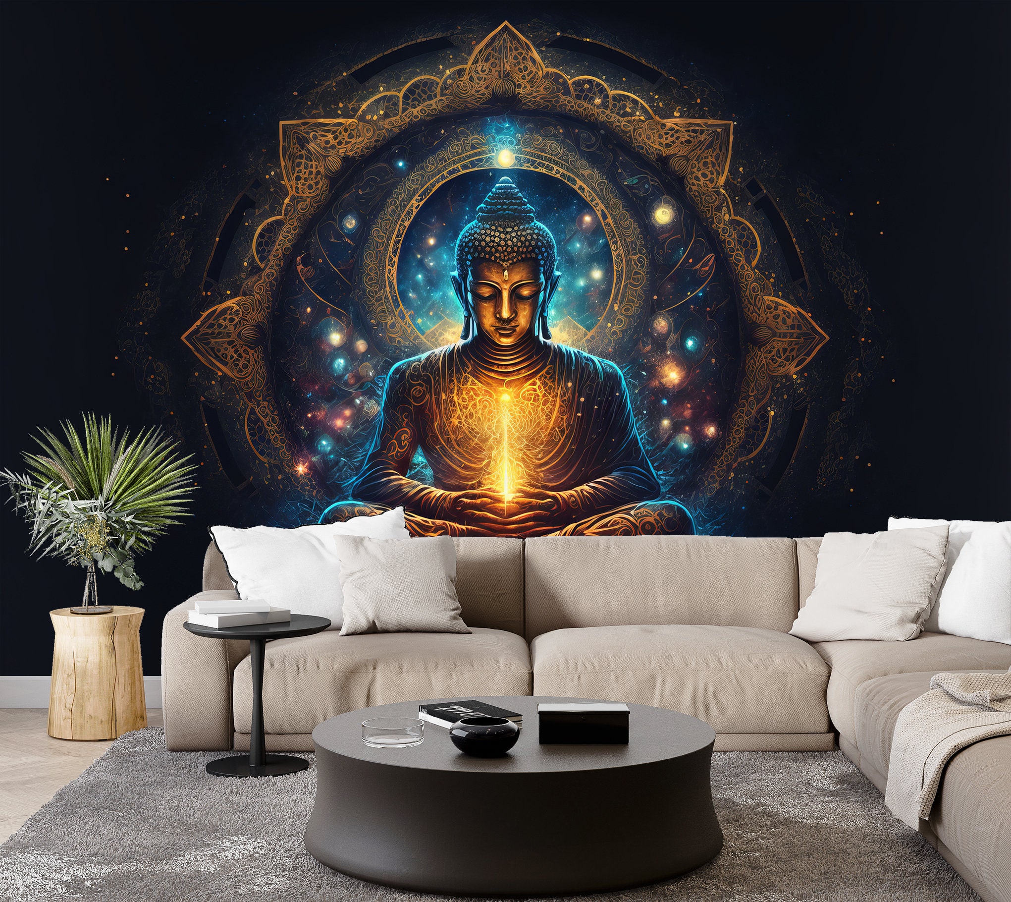 Golden Statue Buddha & Lotus Pose Wall Art Mural Wallpaper - Etsy
