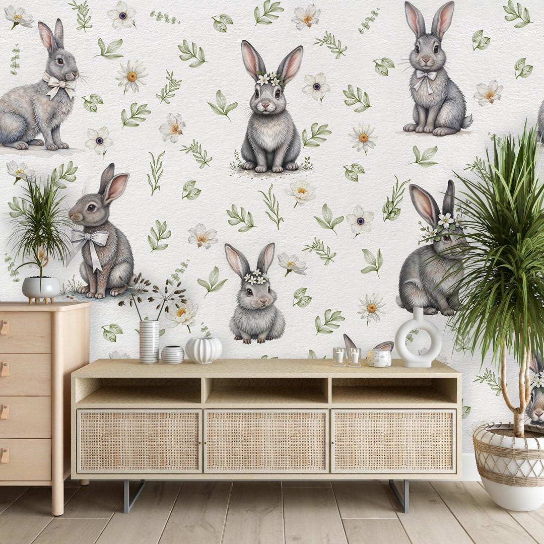 Rabbits Wallpaper Minimalist Bunnies Wall Mural Peel and Stick Living ...