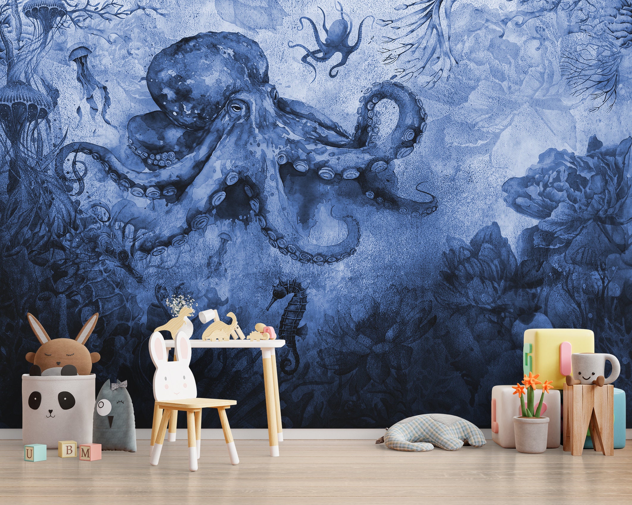 Kids Undersea Wallpaper & Kids Cute Octopus Nursery Sea - Etsy