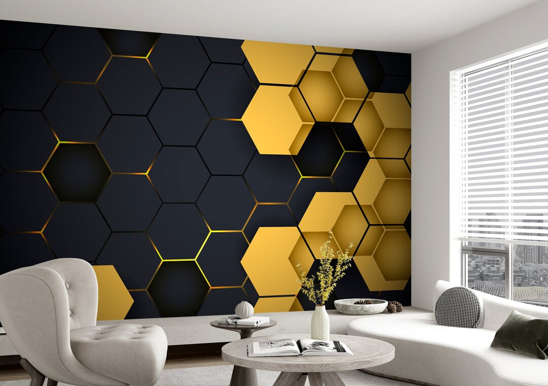 Hexagonal Black & Yellow Hi-tech Cubes Wall Art Mural Abstract ...