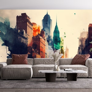 Watercolor Cityscap Skyline Wall Art Mural & Wallpaper Landscape ...