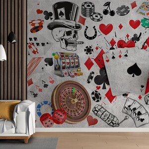 Skull Poker Wall Mural Casino Bar Style Wallpaper With Cards, Dice ...