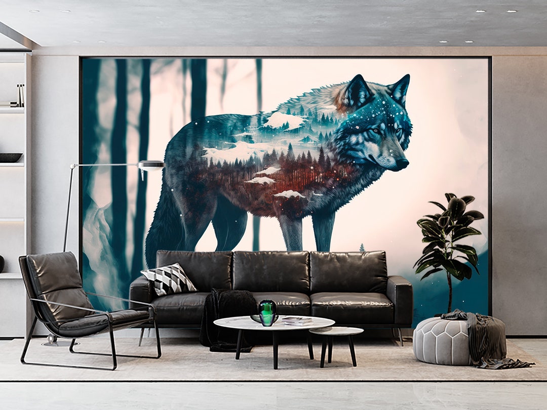 Foggy Forest Wolf Wall Art Mural & Wallpaper Winter Forest Snowfield ...