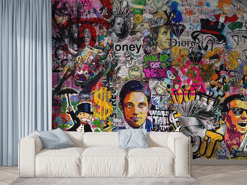 Money Graffiti Mural Pop Art Wallpaper Wall Street Decor for Bar Cafe ...