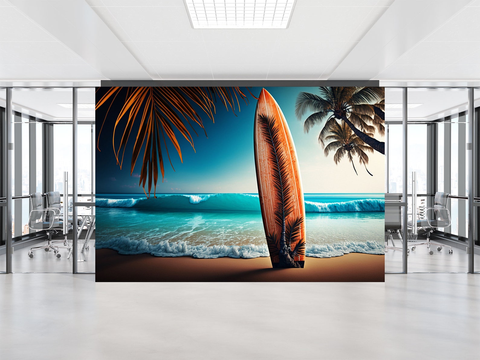 Beach Wallpaper & Surfboard Palm Tree Ocean Beach Bathroom Wall Mural ...