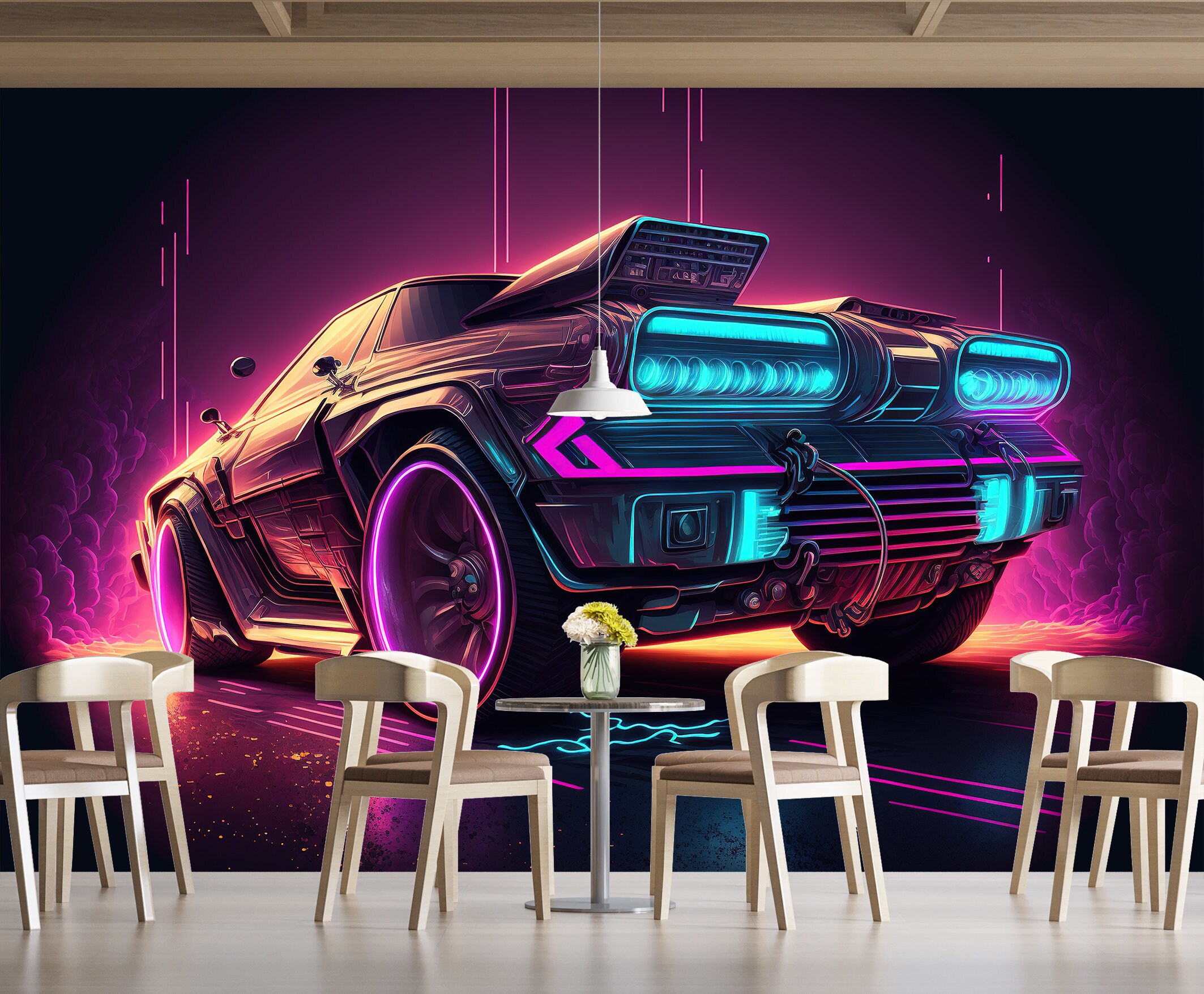 Cars Neon Cyberpunk Wall Art Mural & Wallpaper Futuristic Night City ...