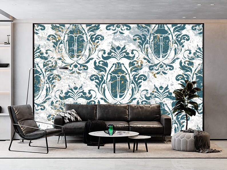 Damask Design Blue Vintage Wallpaper & Wall Mural Pattern Self - Etsy