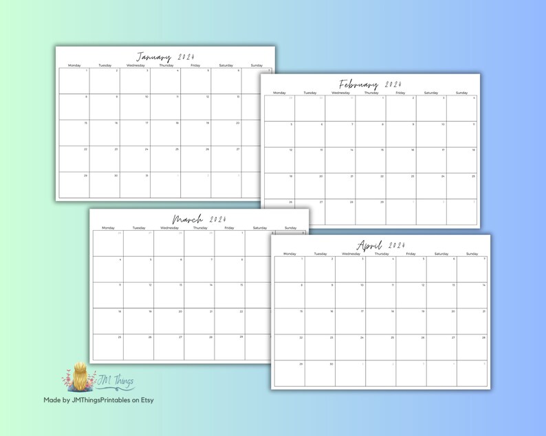 Printable 2024 Dated Monthly Calendars Blank Minimalist A4 Landscape ...
