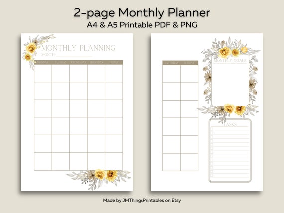 Monthly Printable Planner Floral Blank Calendar Planner | Etsy