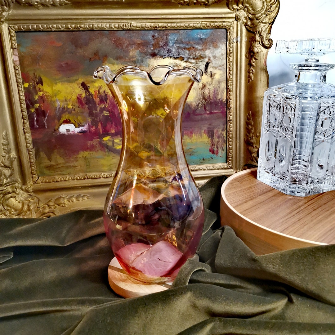 Bohemian Pink Glass Vase – Novy Bor Czech Art Glass, Geometric Design ...