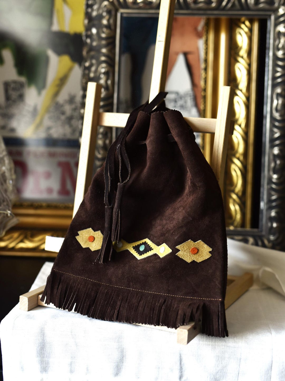Vintage 1970s Suede Drawstring Pouch Bag With Fringe and Ethno Boho ...