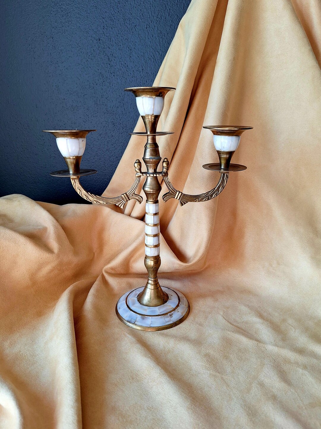 Three-beam Brass Candlestick Inlined With Pearls 1970s - Etsy