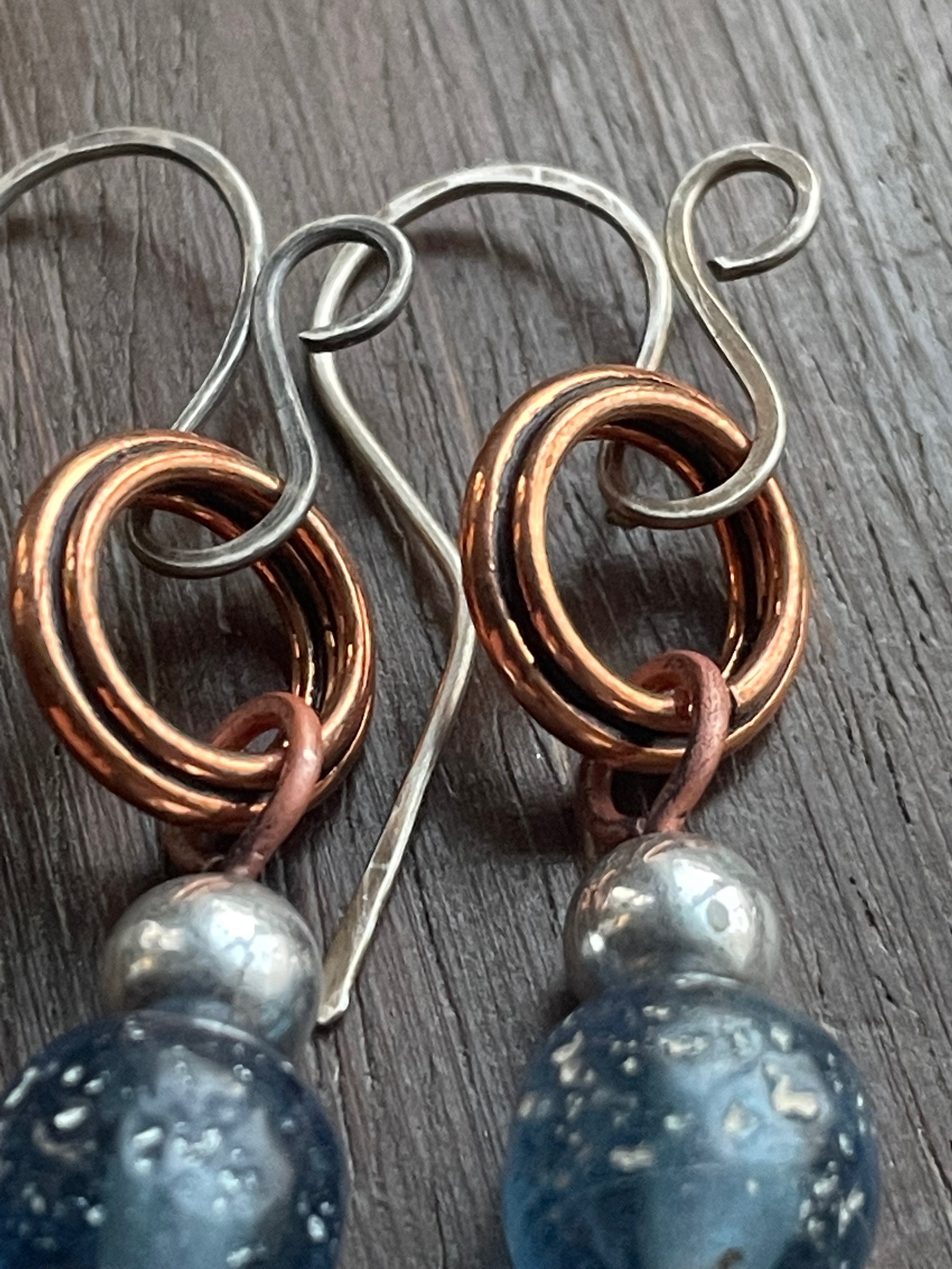 Handmade Boho Copper, Silver and Blue Etched Glass Dangle Earrings - Etsy