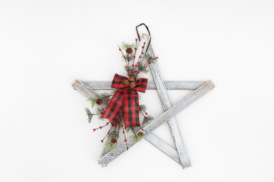 Rustic Wooden Star W/ Buffalo Plaid Bow & Bells – Whitewashed or Plain ...