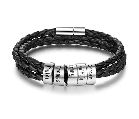 Personalized Family Names Men Bracelet with Custom Beads Black Multilayer Leather Charm Bracelets for Men Accessories
