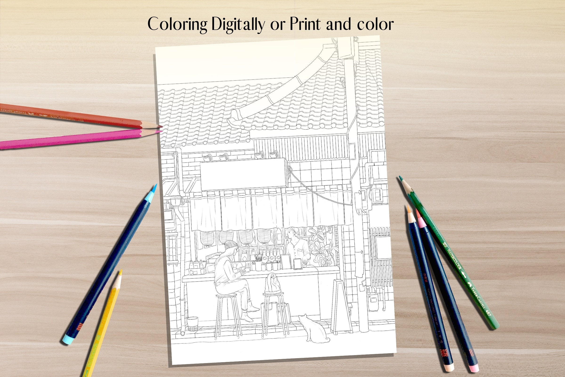 Sweet Night, A Small Drink Bar on the Street Printable Coloring Page ...