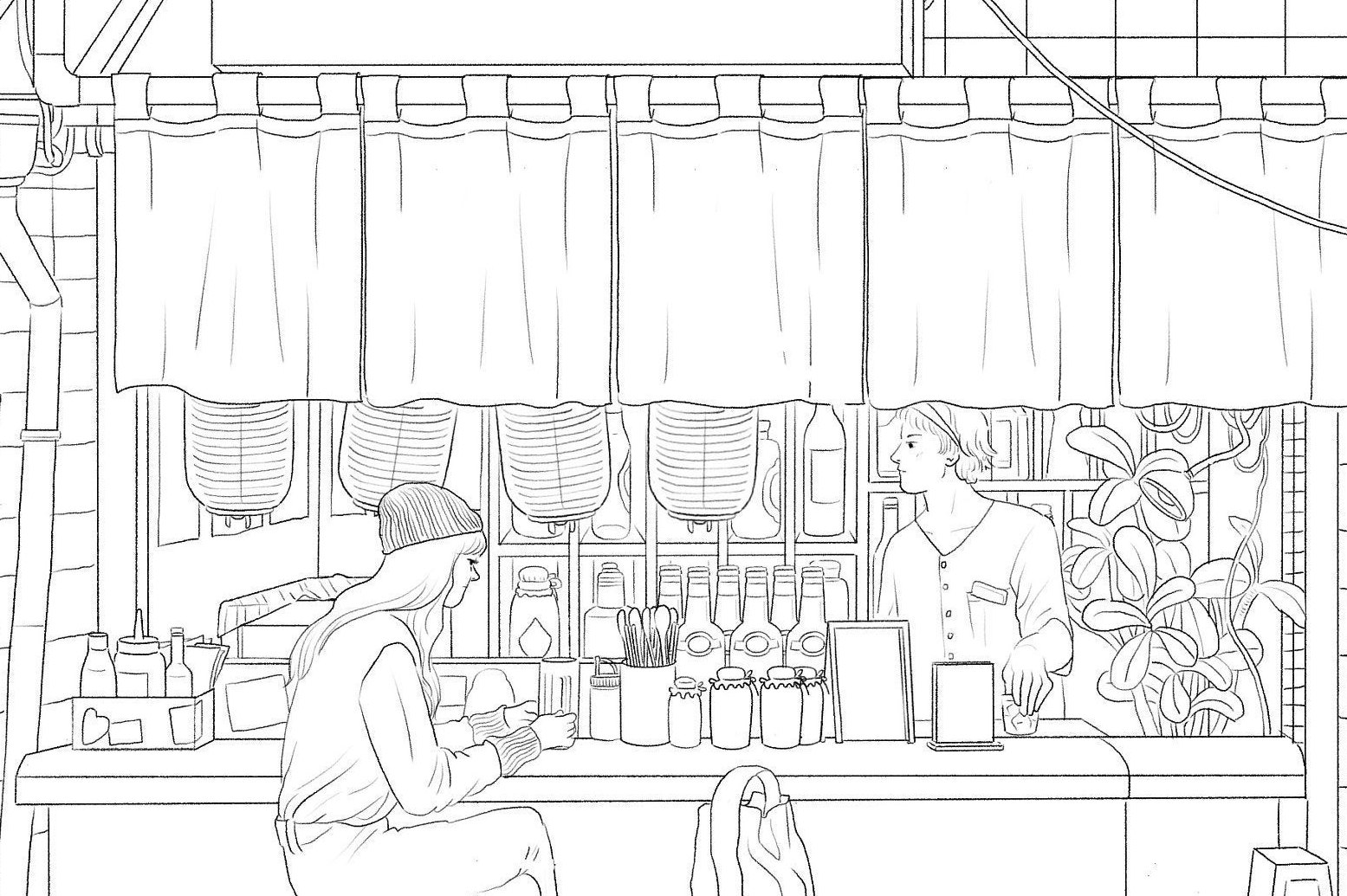 Sweet Night, A Small Drink Bar on the Street Printable Coloring Page ...